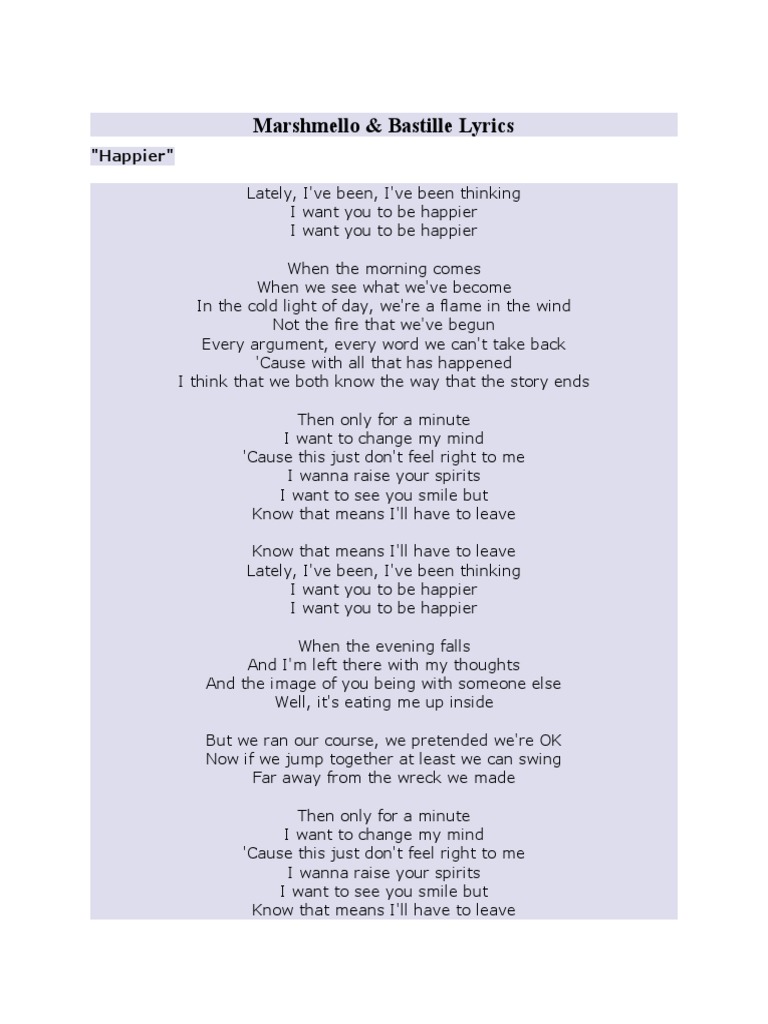 Marshmello & Bastille Lyrics: "Happier" | PDF