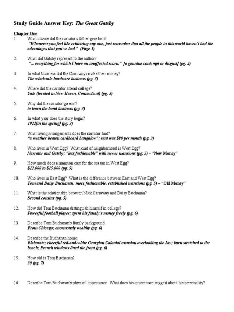 Study Guide Answer Key: The Great Gatsby: Chapter One | PDF | The Great ...