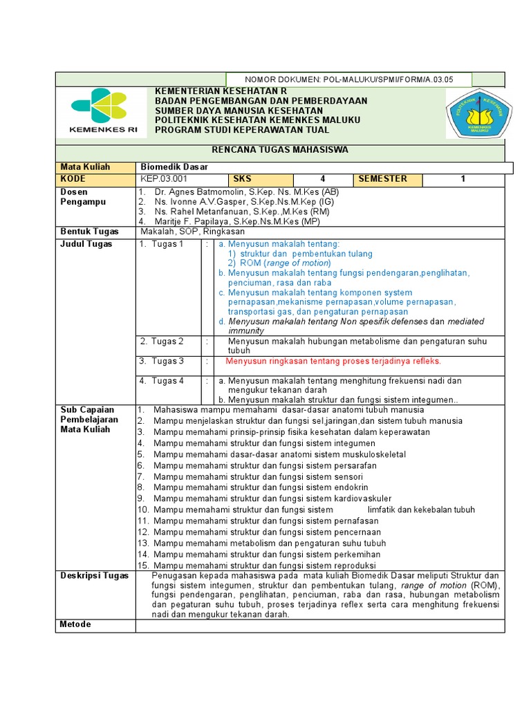 Rencana Tugas Mahasiswa Biomedik Dasar | PDF