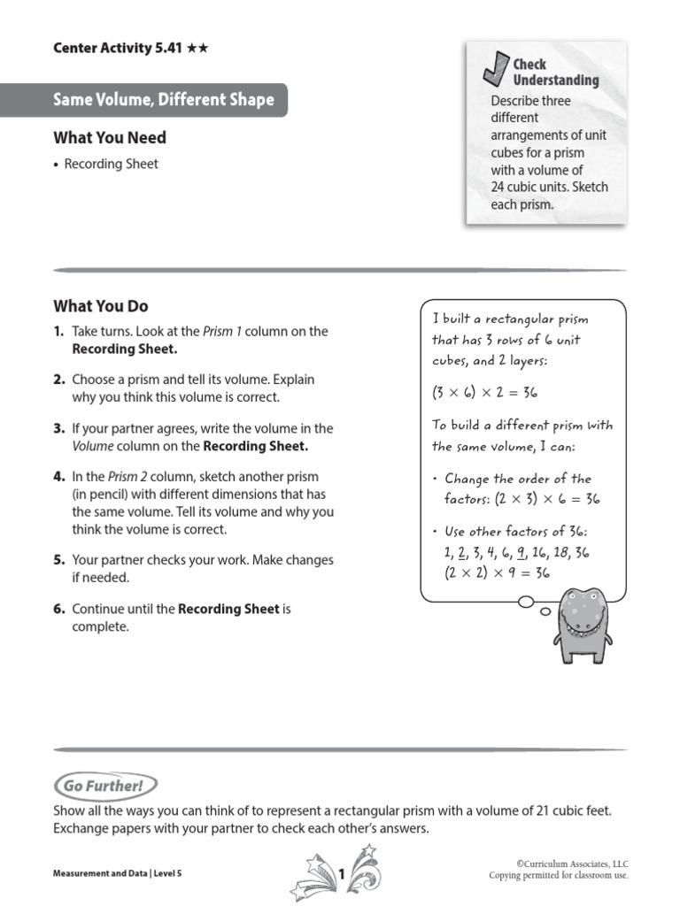 I-Ready At-Home Math G5 C1 Activities | PDF | Volume | Area