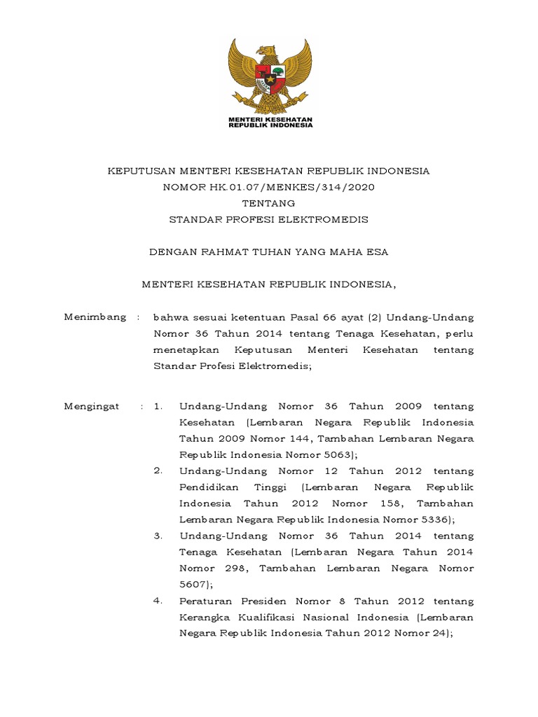 Kepmenkes 314 Tahun 2020 Tentang Standar Profesi Elektromedis | PDF ...