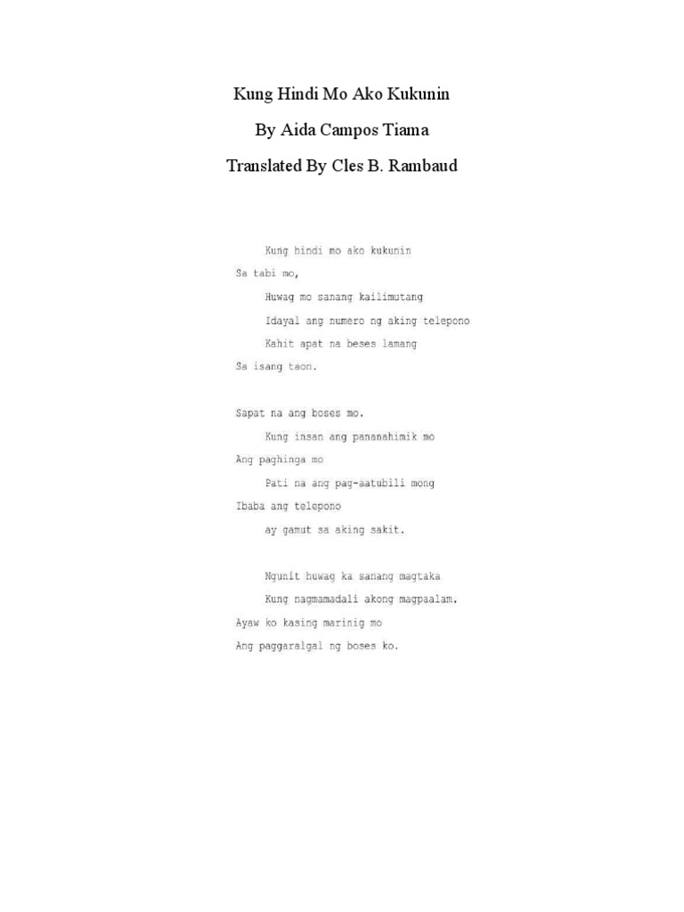 Kung Hindi Mo Ako Kukunin by Aida Campos Tiama Translated by Cles B ...