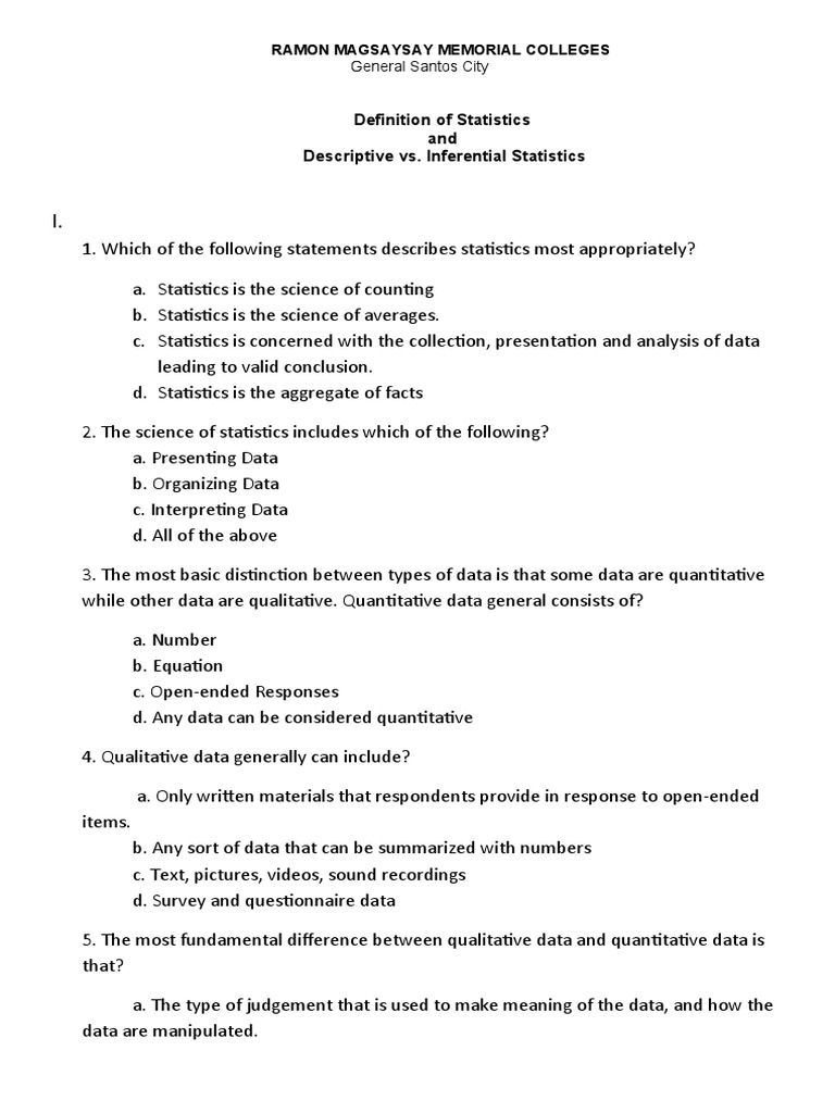 Definition of Statistics and Descriptive vs. Inferential Statistics ...