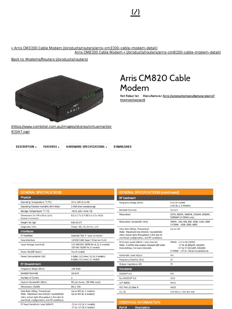 Modems - Routers - Arris CM820 Cable Modem | PDF
