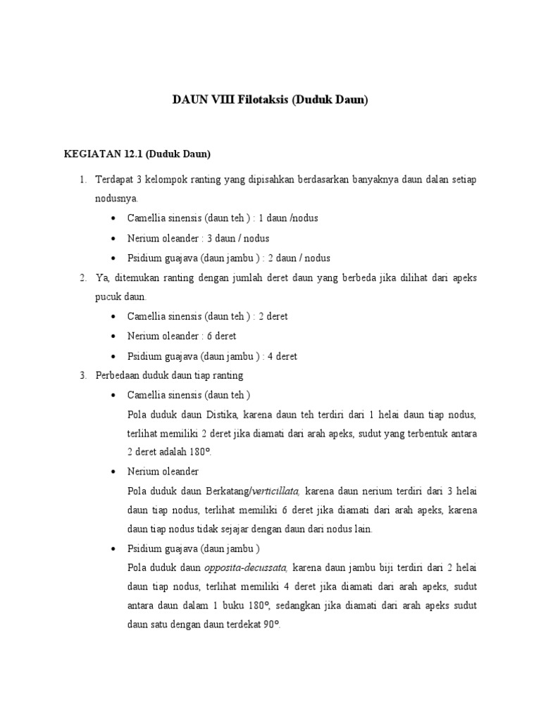 Kegiatan 12. Daun Viii Filotaksis (Duduk Daun) | PDF