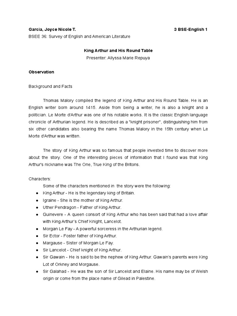 King ARthur and The Round Table - Observation, Interpretation ...