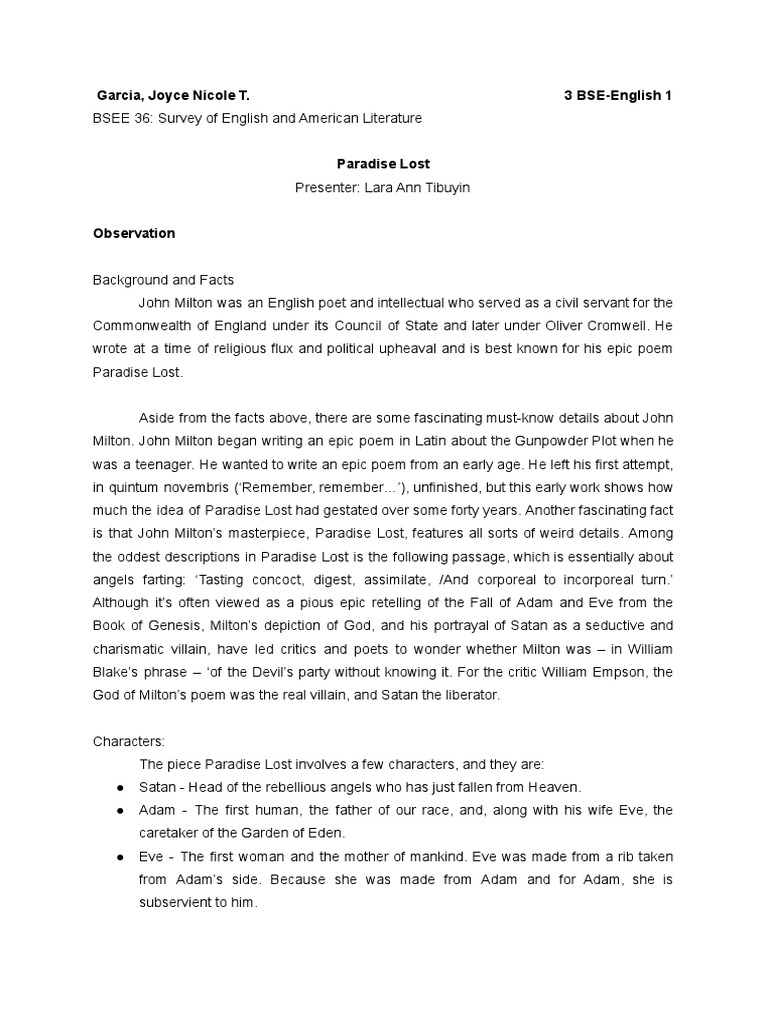 Overview of Paradise Lost Characters | PDF | Adam | Adam And Eve