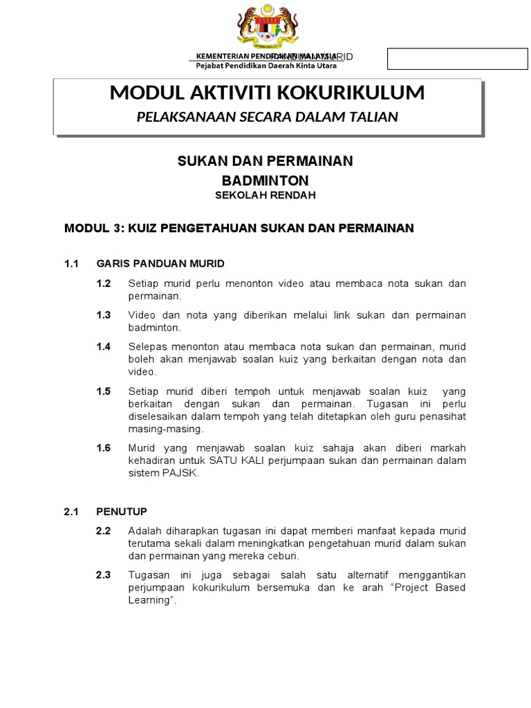 Modul 3 - Sukan & Permainan - Panduan Murid | PDF