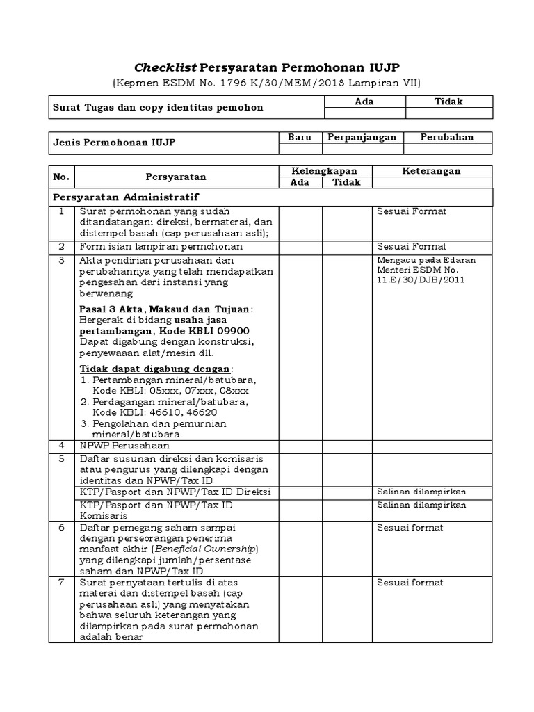 Checklist Permohonan Izin IUJP | PDF