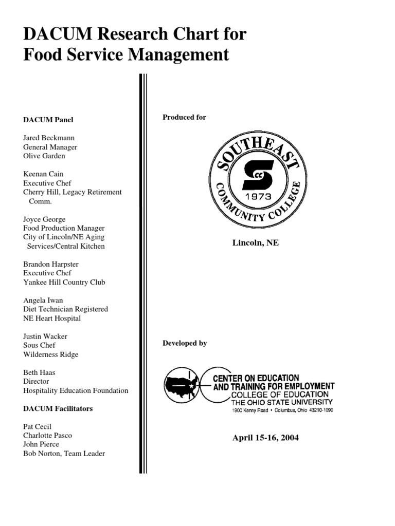 DACUM Research Chart For Food Service Management | PDF | Hvac | Restaurants