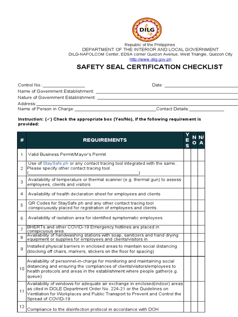 Safety Seal Certification Checklist | PDF | Health Policy | Health Sciences