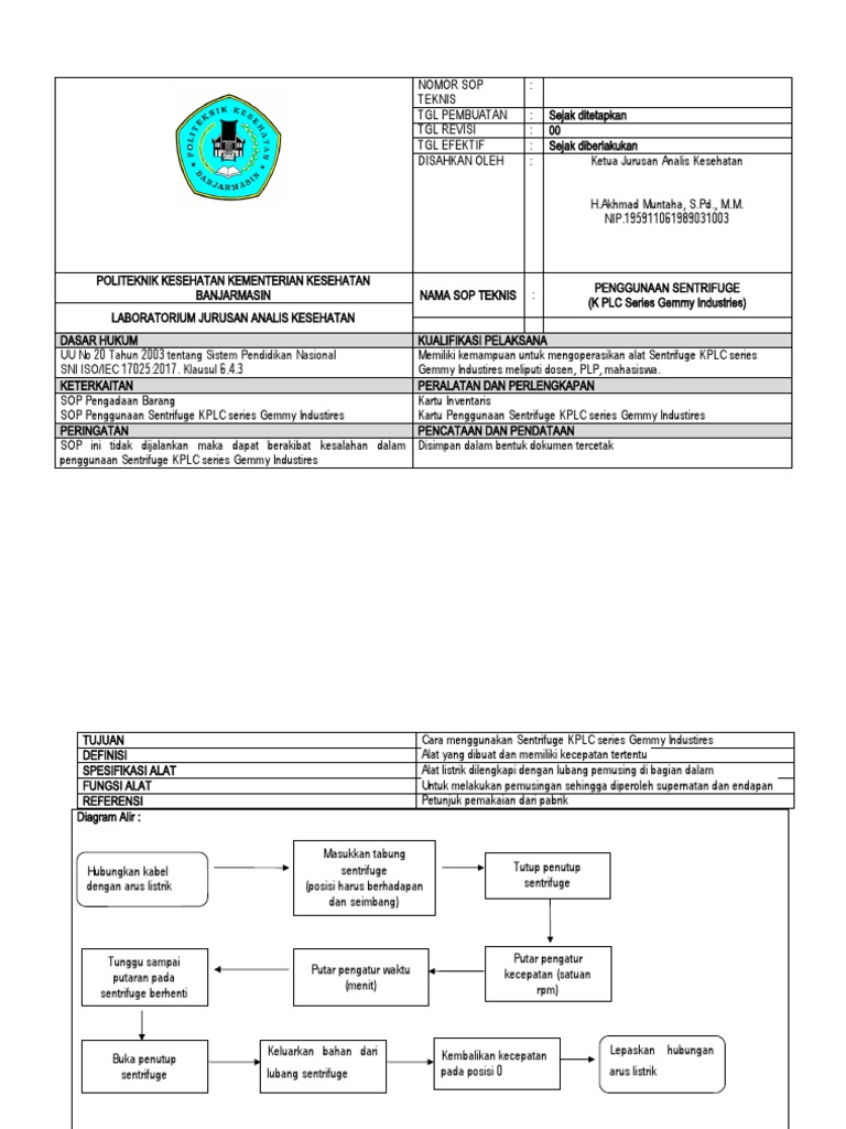 SOP Teknik Penggunaaan Sentrifuge KPLC Gemmy | PDF