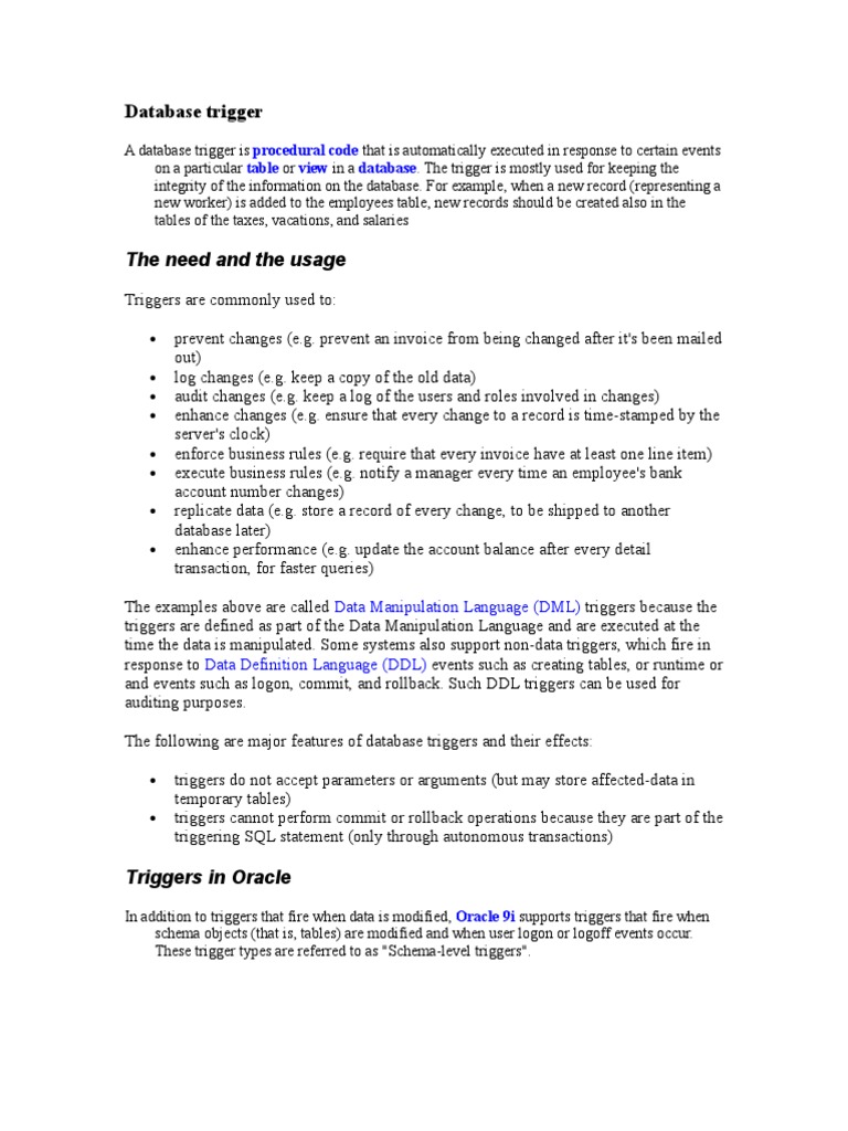 Database Trigger: The Need and The Usage | PDF | Database Index | Subroutine