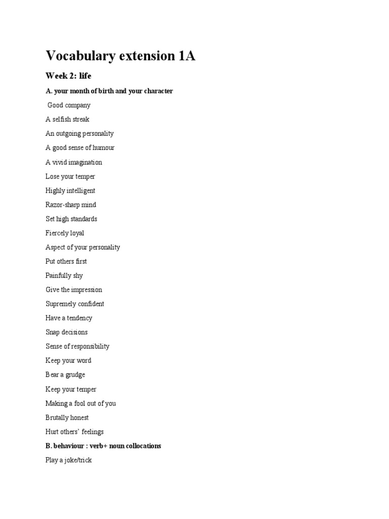 Vocabulary Extension 1A: Week 2: Life | PDF