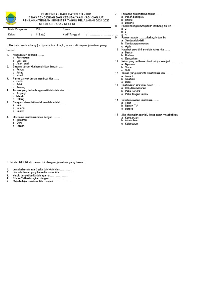 Soal Pts PKN Kelas 1 2021 | PDF