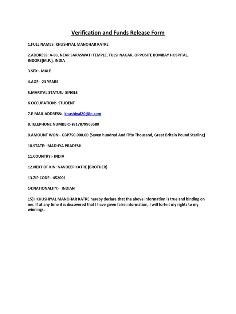 Funds Release Verification Form | PDF