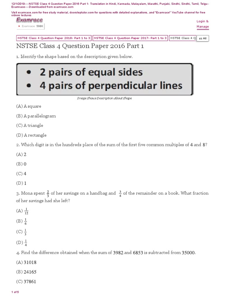 NSTSE Class 4 Question Paper 2016 | PDF | Mathematics