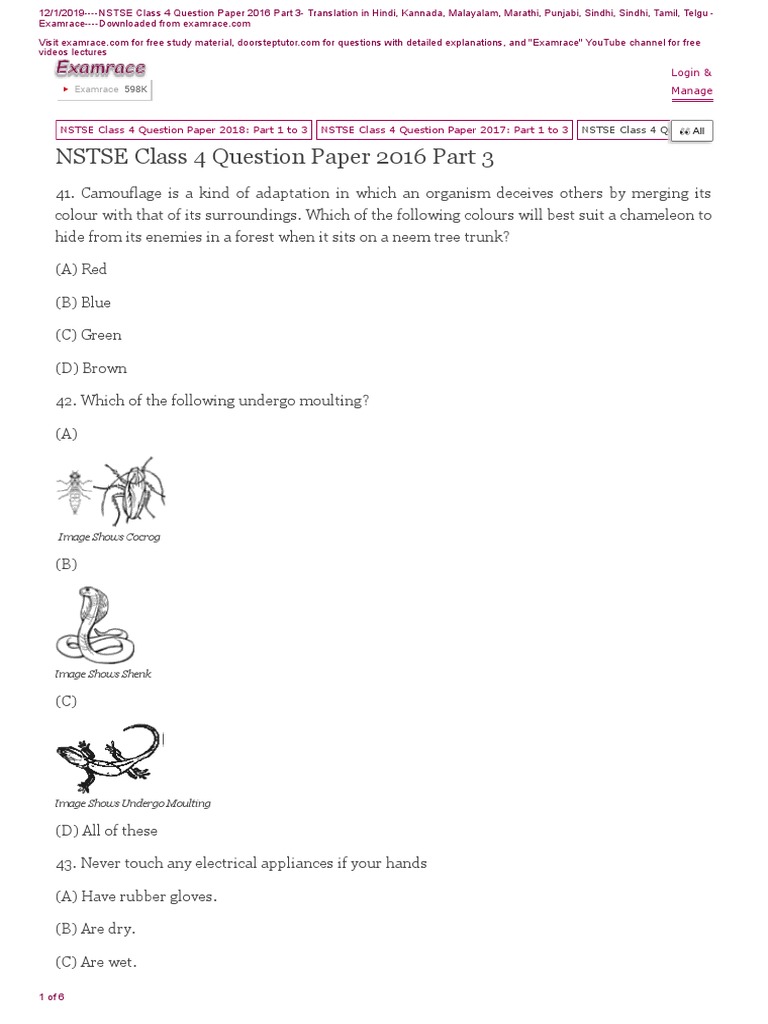 NSTSE Class 4 Question Paper 2016 Part 3: Examrace | PDF | Plants | Oxygen