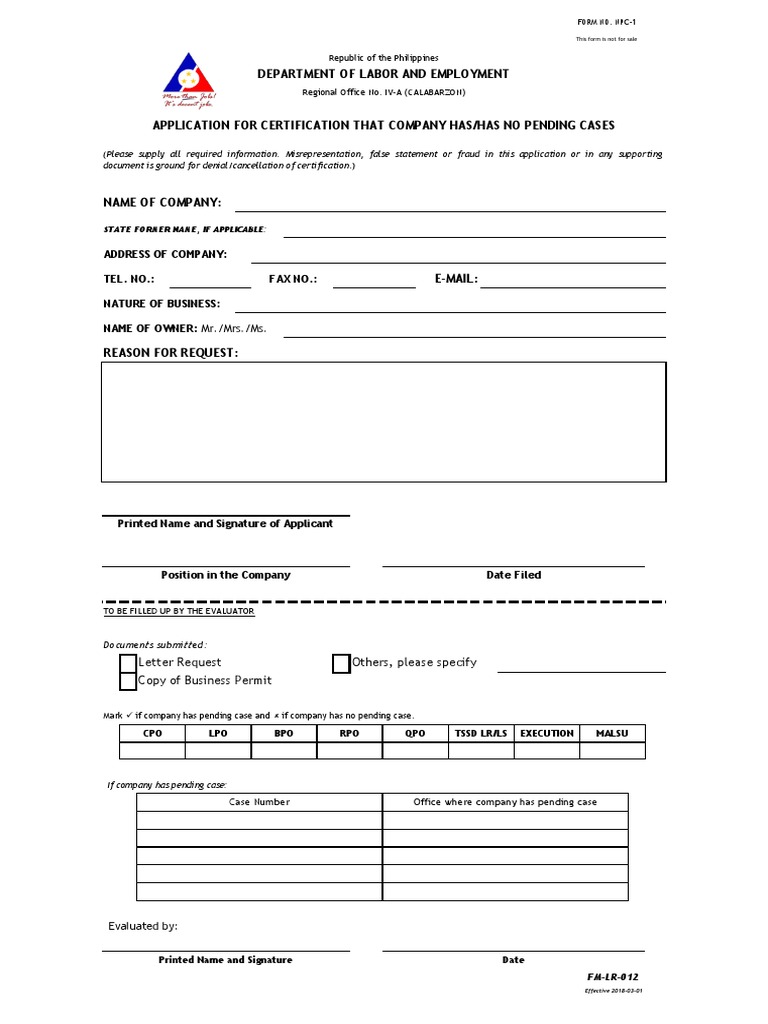 DOLE - Application For Certificate of No Pending Case | PDF