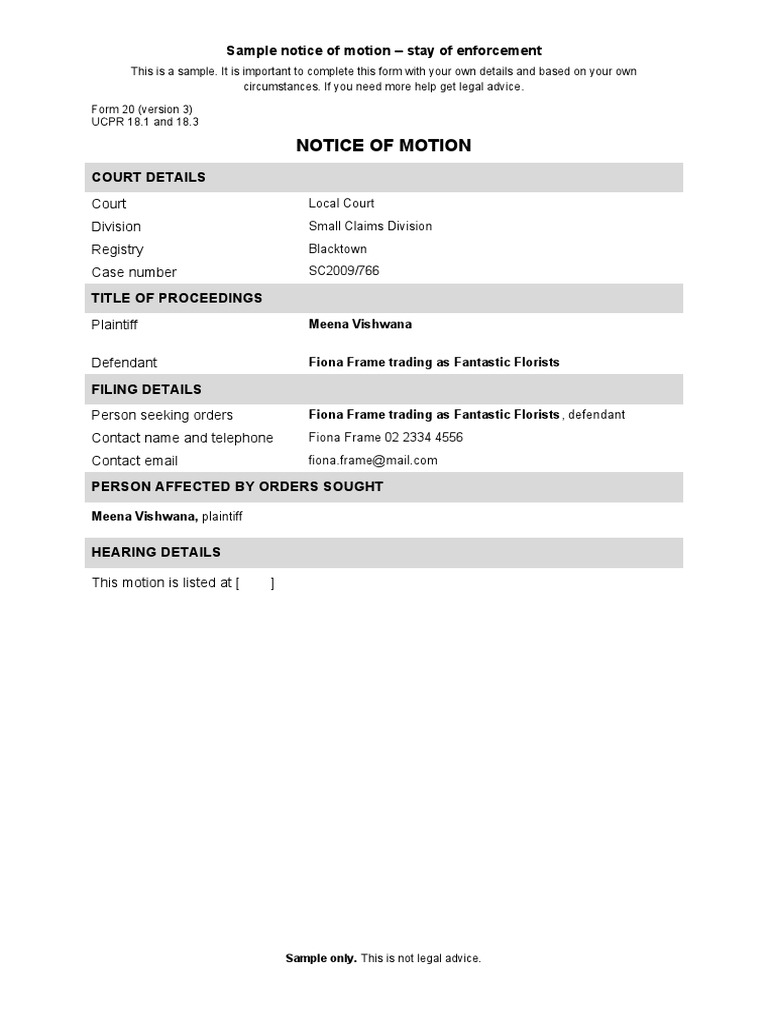 Sample Notice of Motion - Stay of Enforcement | Download Free PDF | Ex ...