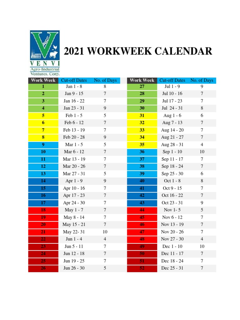 2021 Workweek Calendar Dates | PDF | Cooking, Food & Wine | Art