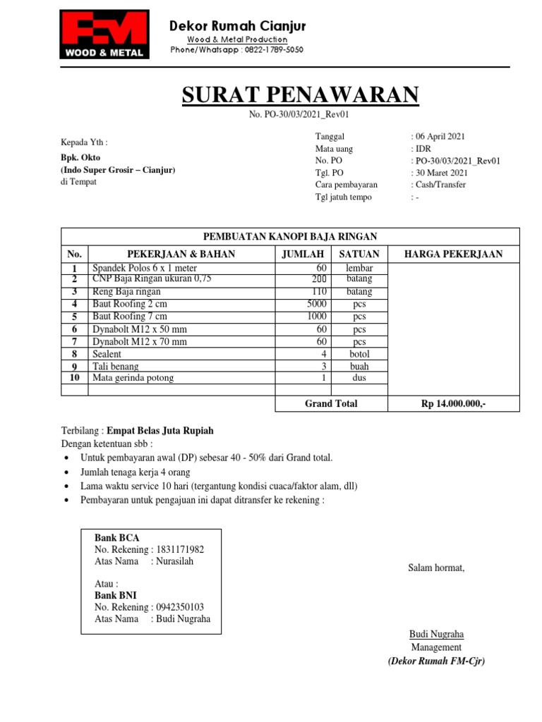 Quotation CANOPI BAJA RINGAN Rev 01 | PDF