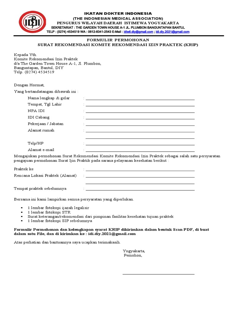 Formulir Rekomendasi Izin Praktek IDI DIY | PDF