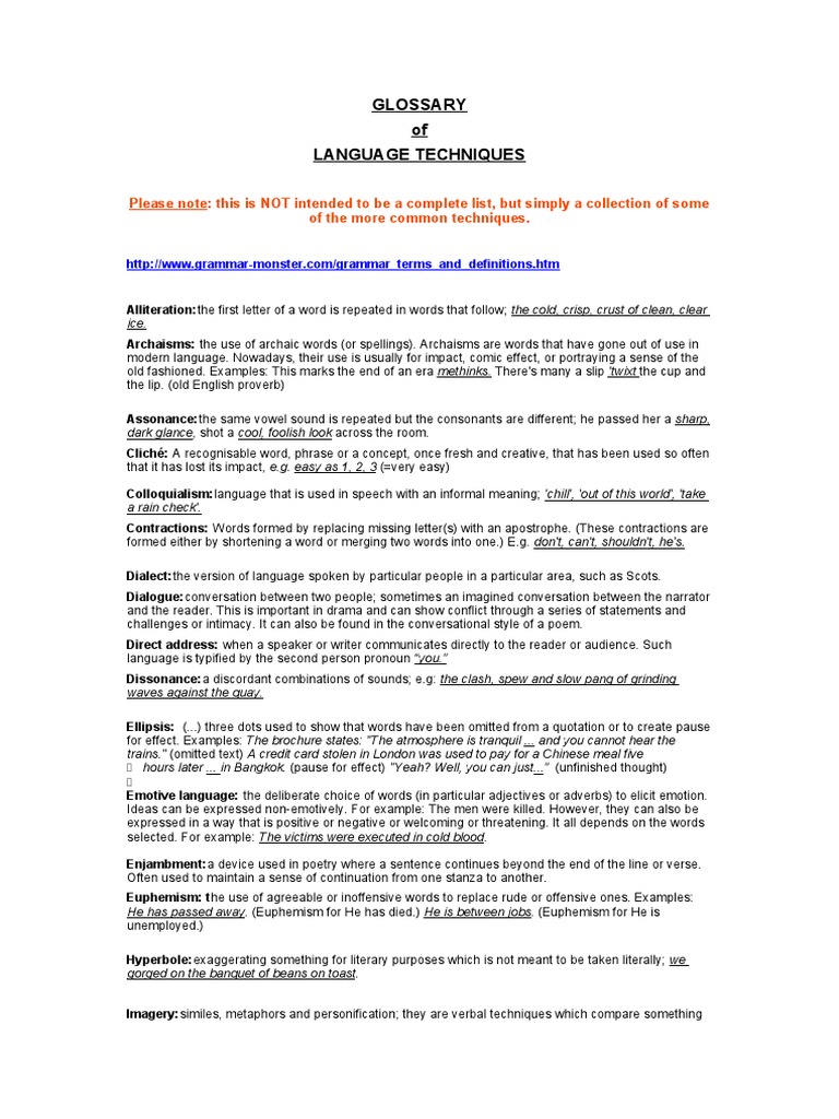GLOSSARY of Lang. Techniques | PDF | Part Of Speech | Noun