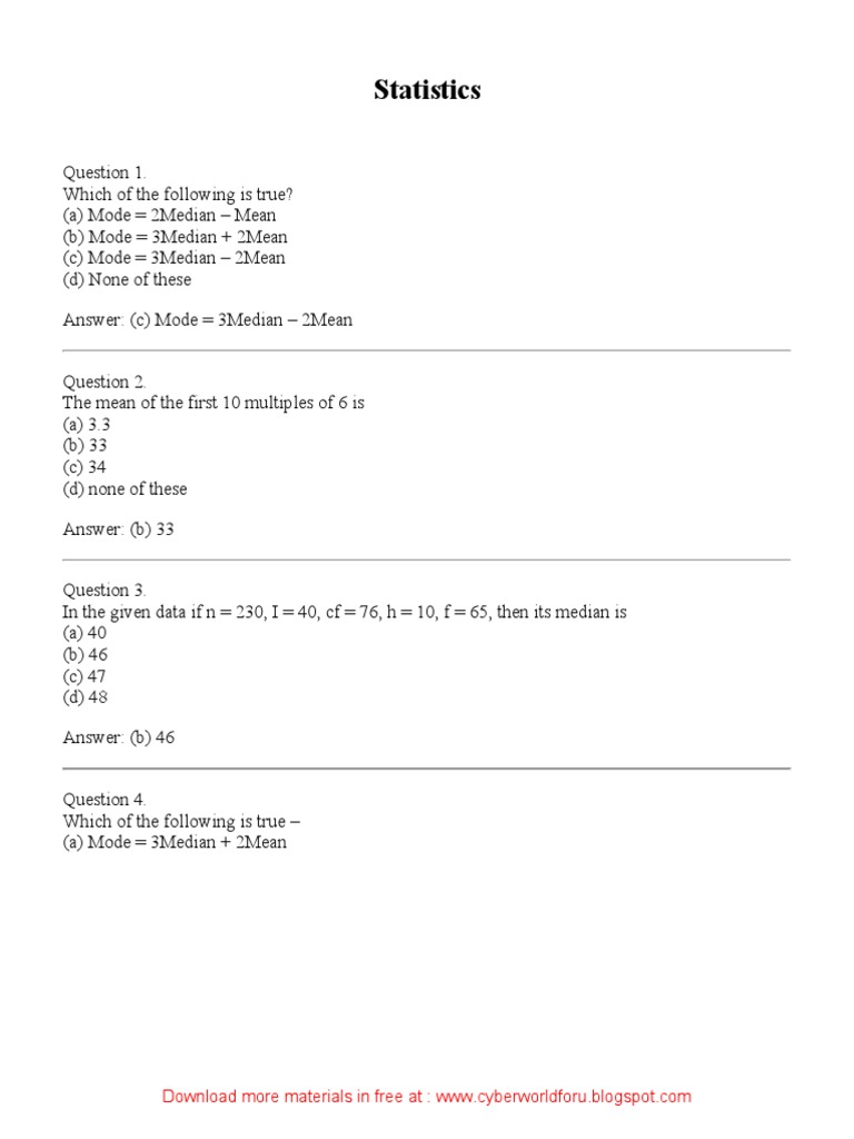 Statistics MCQ | PDF | Mode (Statistics) | Mean