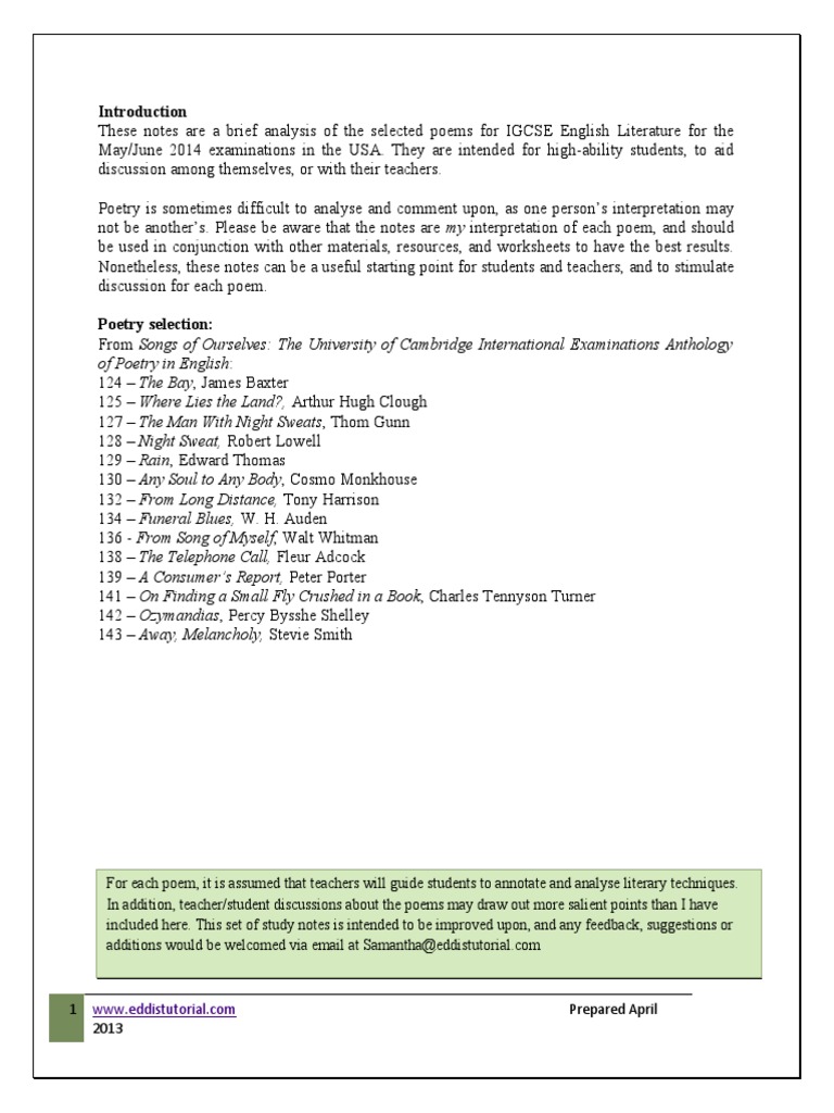 IGCSE Poetry Analysis Notes | PDF | Poetry | Metre (Poetry)