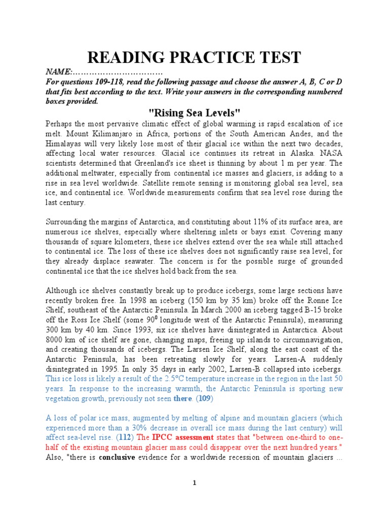 Reading Practice Test | PDF | Sea Level Rise | Glacier