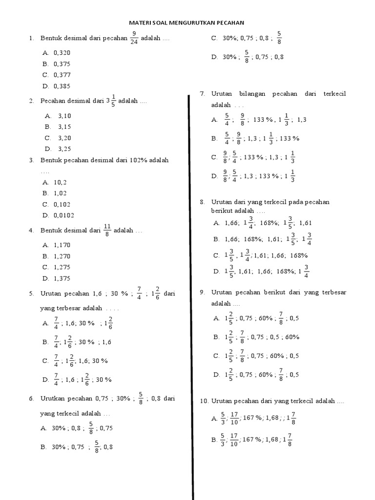 Mengurutkan Pecahan | PDF