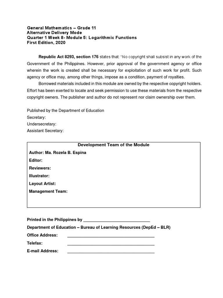 General Mathematics - Grade 11 Alternative Delivery Mode Quarter 1 Week 8-Module 5: Logarithmic ...