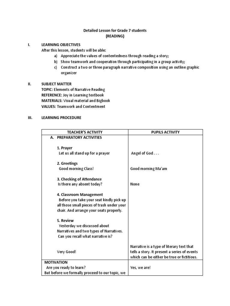 Detailed Lesson For Grade 7 Students | PDF | Narrative