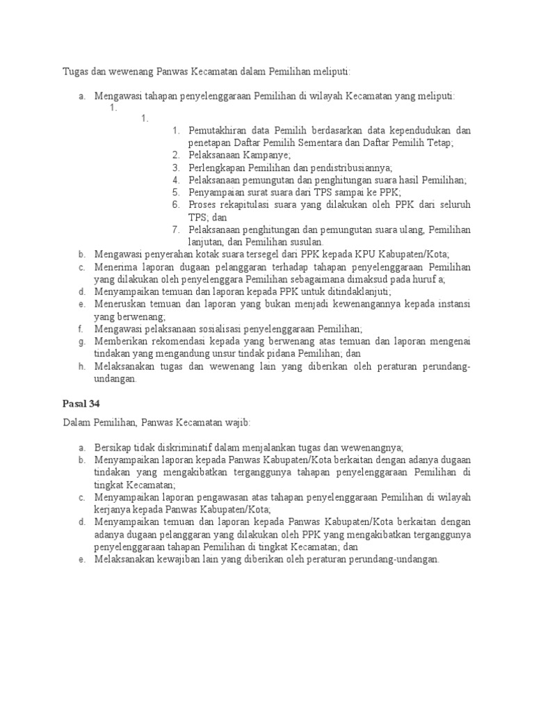 Tugas Dan Wewenang Panwas Kecamatan Dalam Pemilihan | PDF | Ilmu Sosial