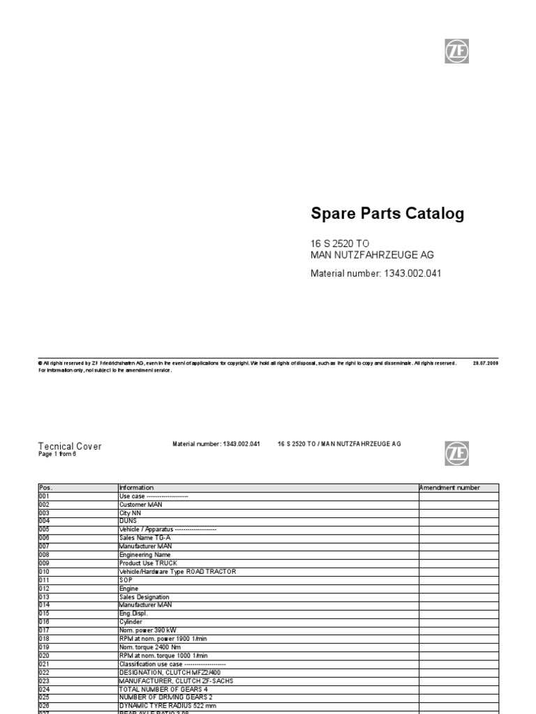 ZF 16S-2520 TO 1343.002.041 2009 Spare Parts Catalog | PDF