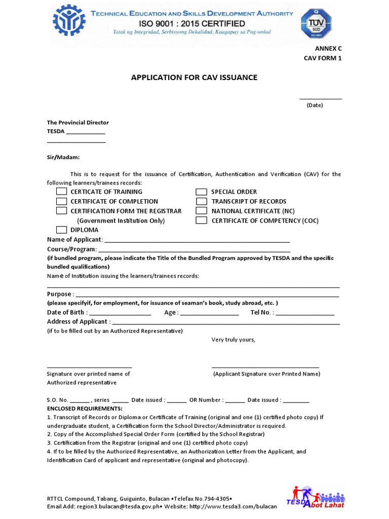 Application For Cav Issuance: Annex C Cav Form 1 | PDF | Diploma ...