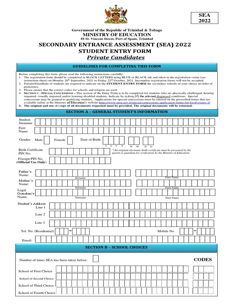 Secondary Entrance Assessment (Sea) 2022 Student Entry Form Private ...