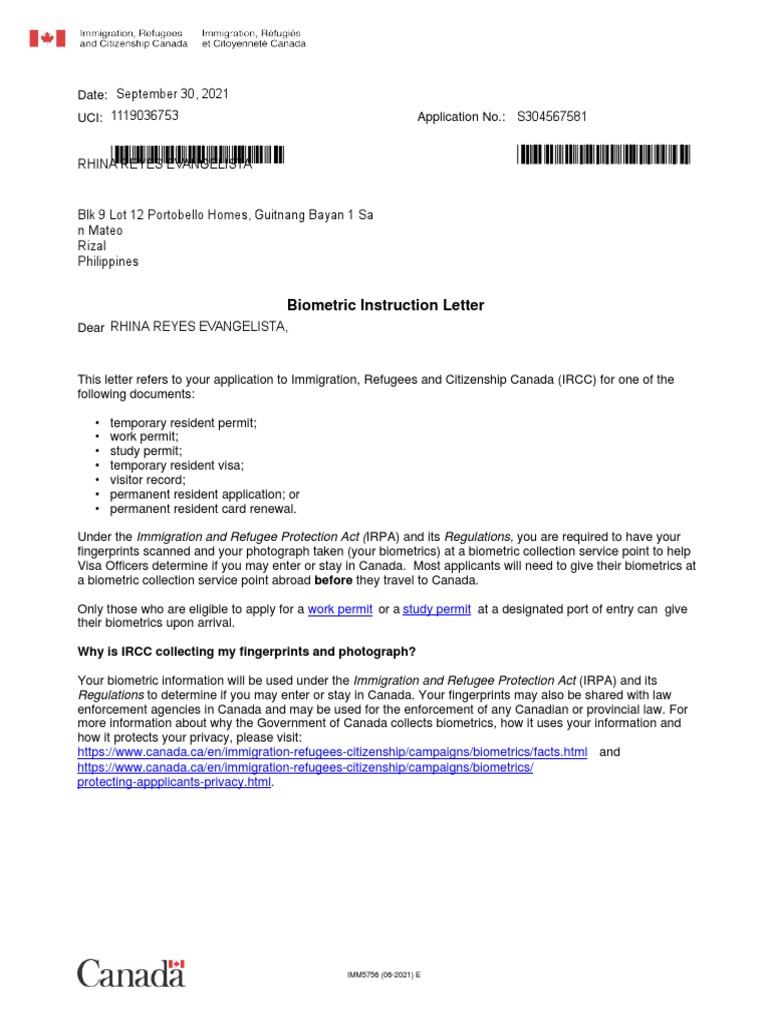 Biometric Instruction Letter: Study Permit Work Permit | PDF | Human ...