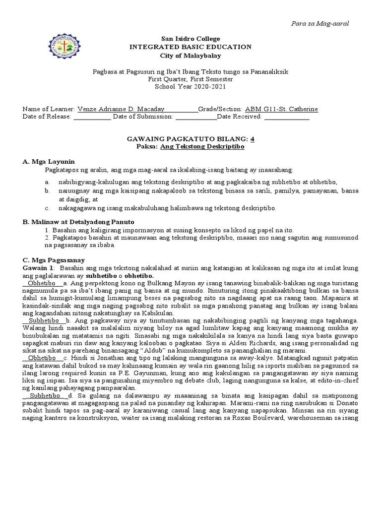PAP Learning Activity Sheet No. 4 | PDF
