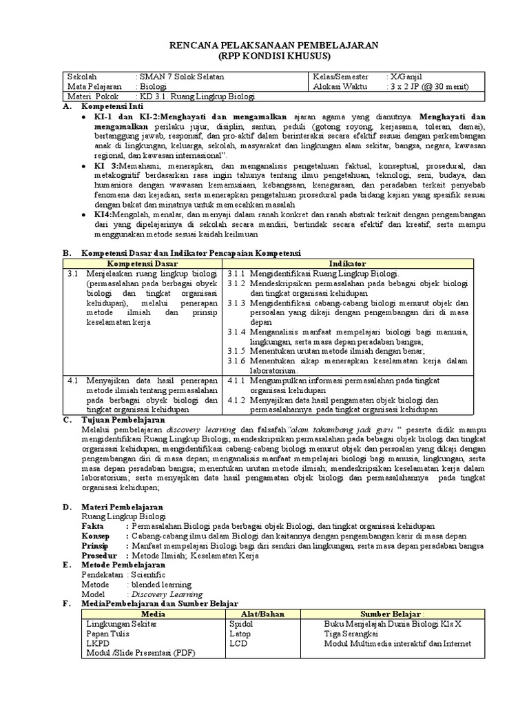 RPP Bio - Ruang Lingkup Biologi - 1 LBR | PDF | Karier & Perkembangan | Kesehatan Holistik