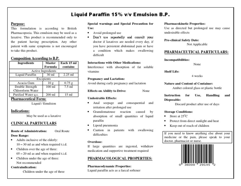 Liquid Paraffin 15% V/V Emulsion B.P.: Purpose | PDF | Pharmaceutical ...