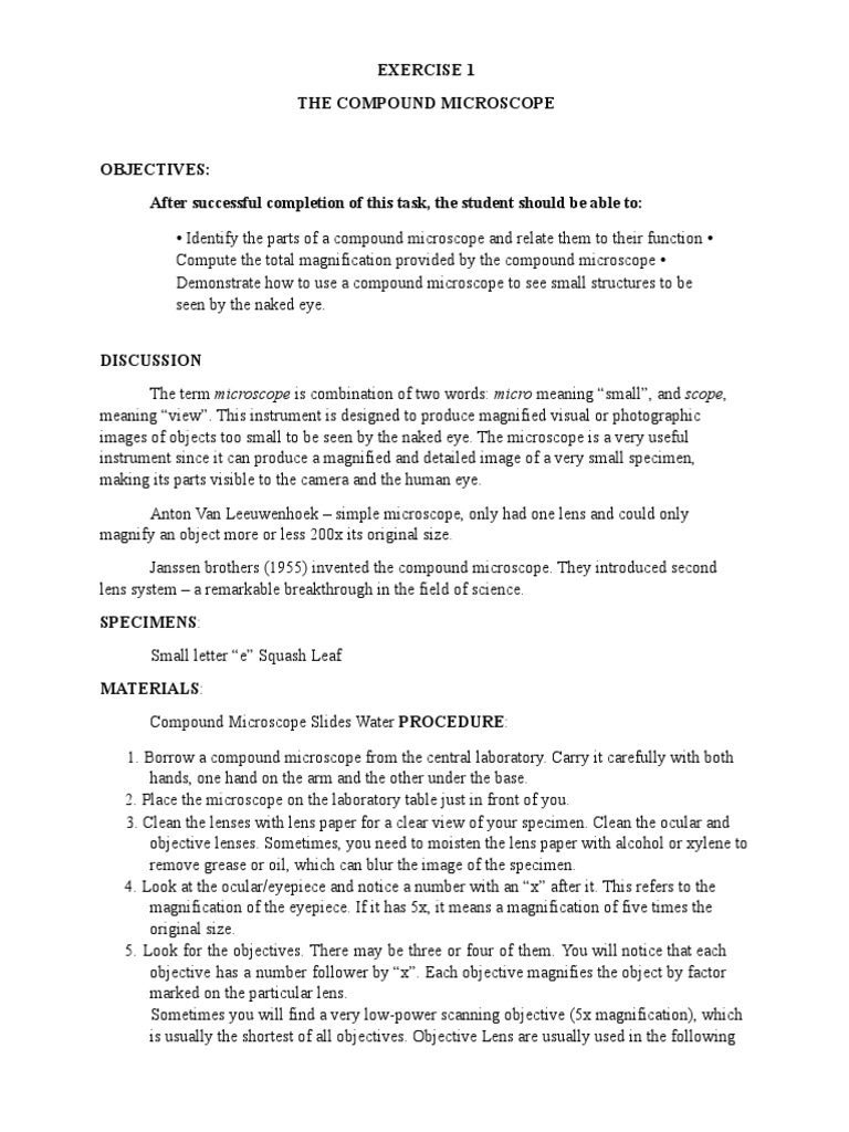 Laboratory Exercise 1. Microscope | PDF | Microscope | Laboratory Equipment