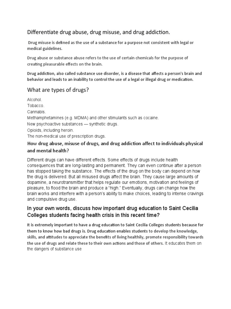 Drug abuse vs misuse vs addiction: Effects on health | PDF