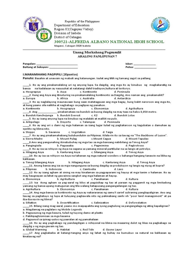 Unang Pagsusulit Sa AP7 | PDF