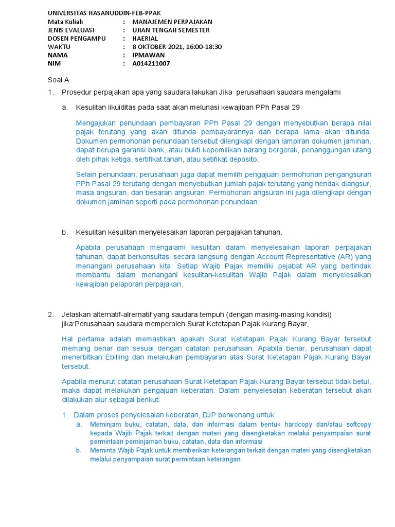 UTS Manajemen Perpajakan Ganjil 2021-2022 IPMAWAN A014211007 | PDF