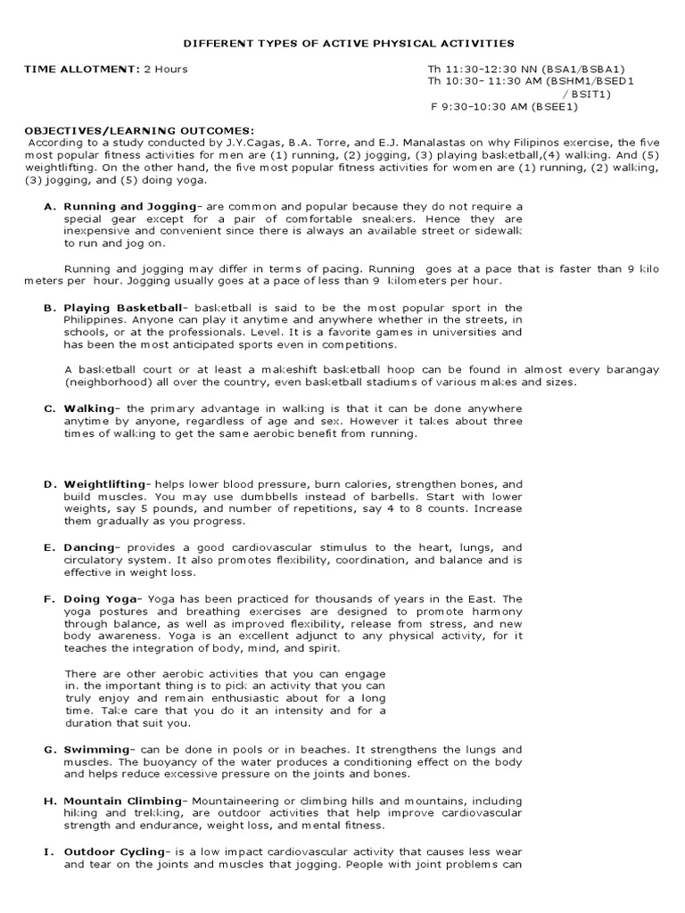 Different Types of Active Physical Activities | PDF | Physical Fitness ...