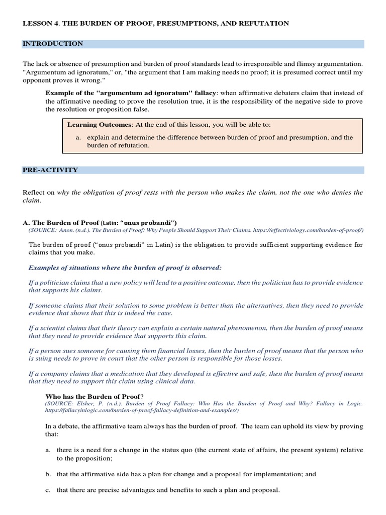 Claim.: Examples of Situations Where The Burden of Proof Is Observed ...