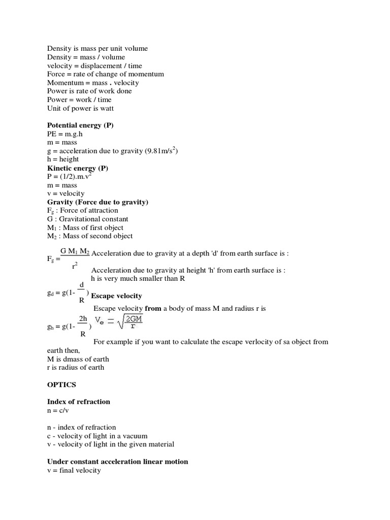 Class 9 Physics Formulas Overview | PDF | Capacitor | Velocity