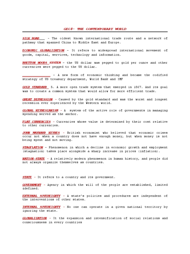 Review Contemporary World | PDF | Globalization | Recession